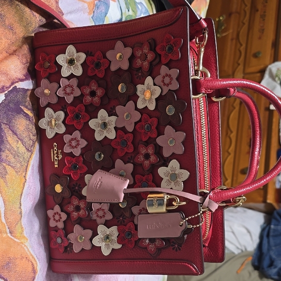 Coach | Bags | Coach Red Floral Appliqu Handbag | Poshmark